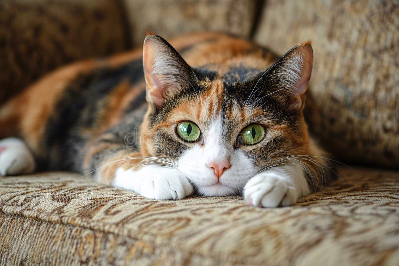 Cute Three Colored Calico Cat on Couch Stock Illustration ...