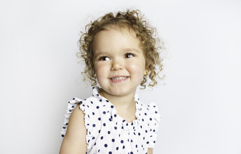Cute Three Year Old Caucasian Girl Posing Isolated On White Stock