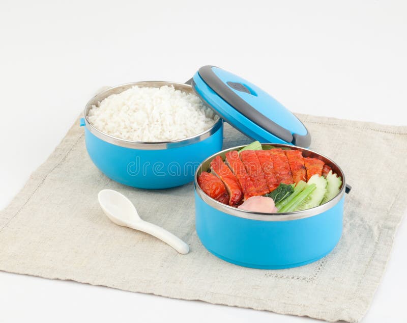 Tiffin Carrier with Rice and Roasted Duck Stock Photo - Image of stack ...