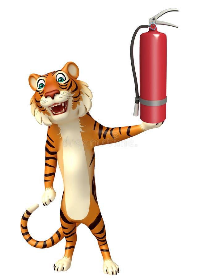 Cute Tiger Cartoon Character With Fire Extinguishing Stock Illustration ...