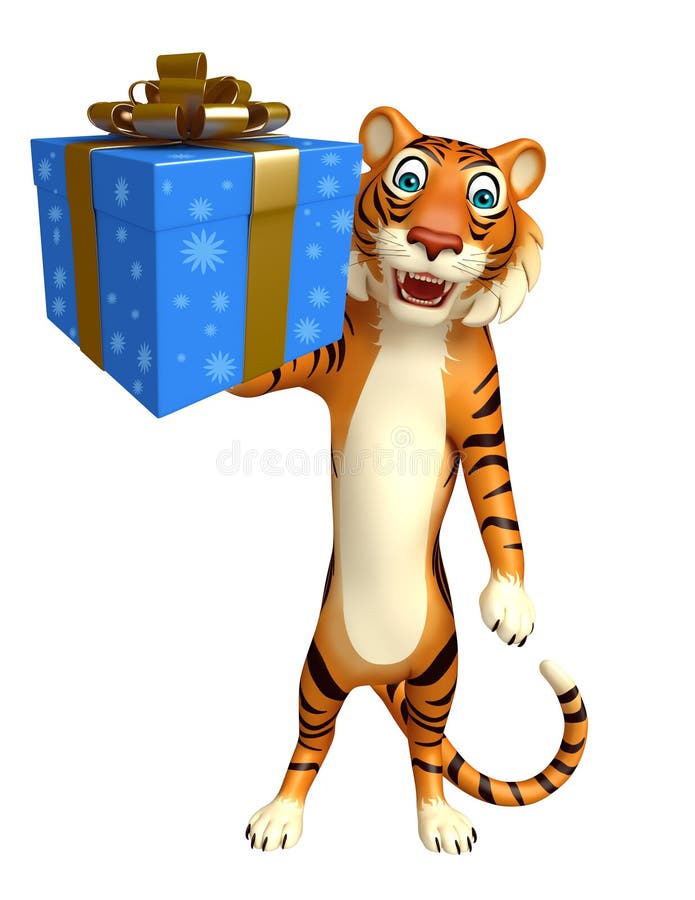 Cute Tiger Cartoon Character with Gift Box Stock Illustration ...