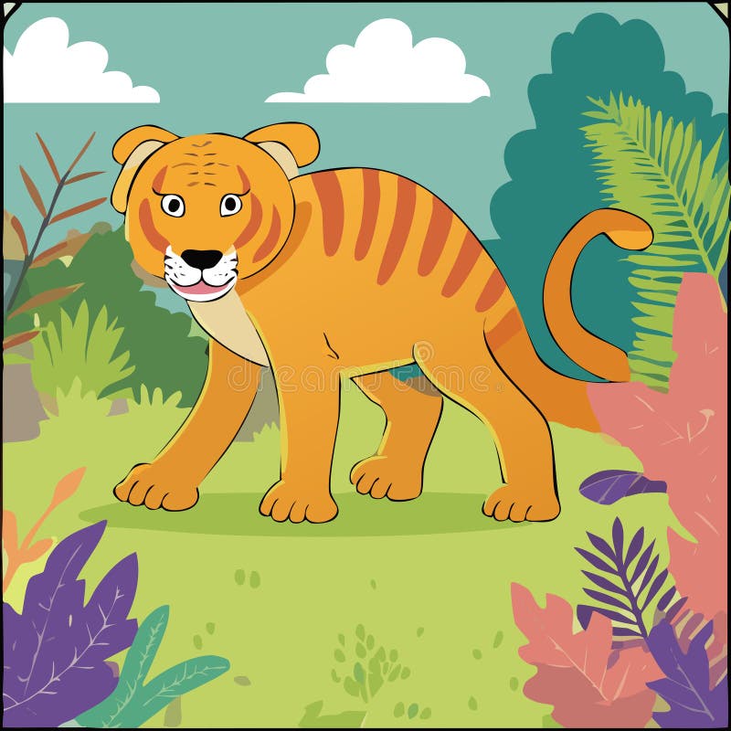 Cute Tiger Cartoon in the Jungle. Vector Illustration Stock Vector ...