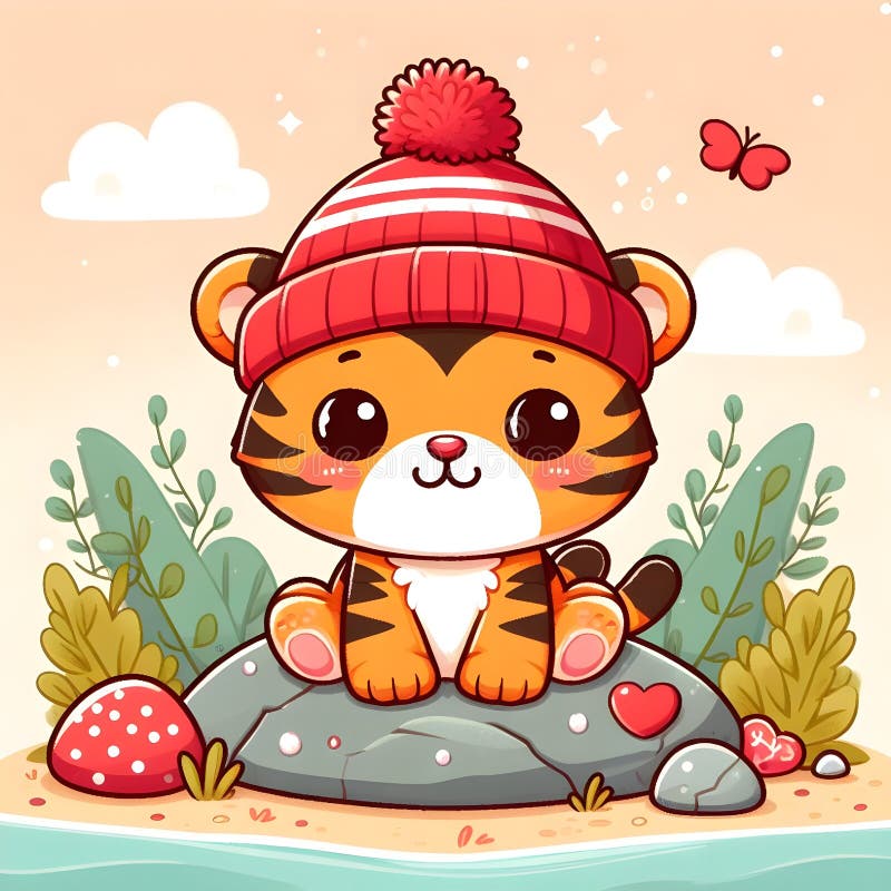 Cute Tiger Cartoon with Red Hat Stock Illustration - Illustration of ...