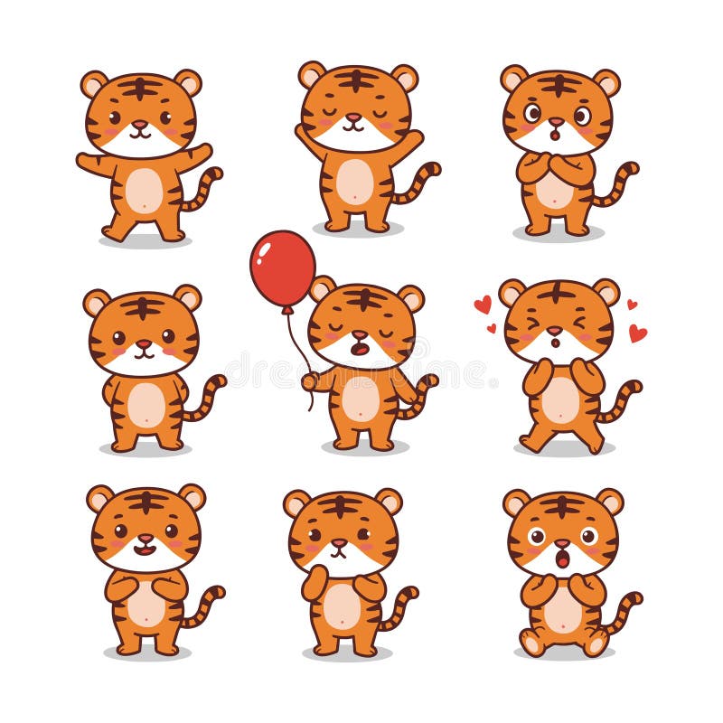 Cute Tiger Character Engaged in Different Activity Vector Set Stock ...