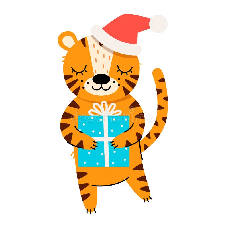 Cute Tiger with Christmas Present. Stock Vector - Illustration of child ...