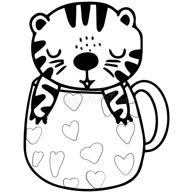 Cute Tiger in Coffee Mug, Tea Cup Hand Drawn Doodle Art Illustration ...