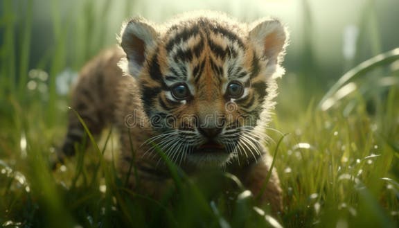 Cute Tiger Cub Hiding in Grass, Looking at Camera Playfully Generated ...