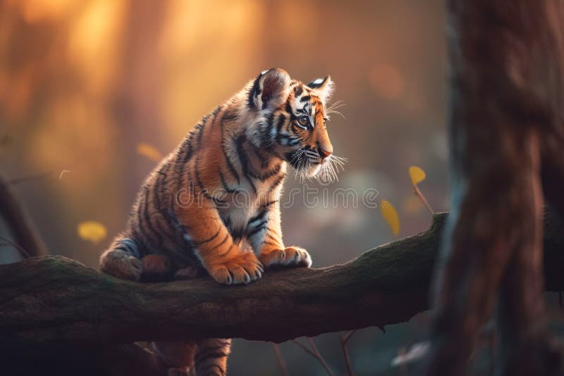 Cute Tiger Cub in Jungle on Tree Branch Stock Illustration ...