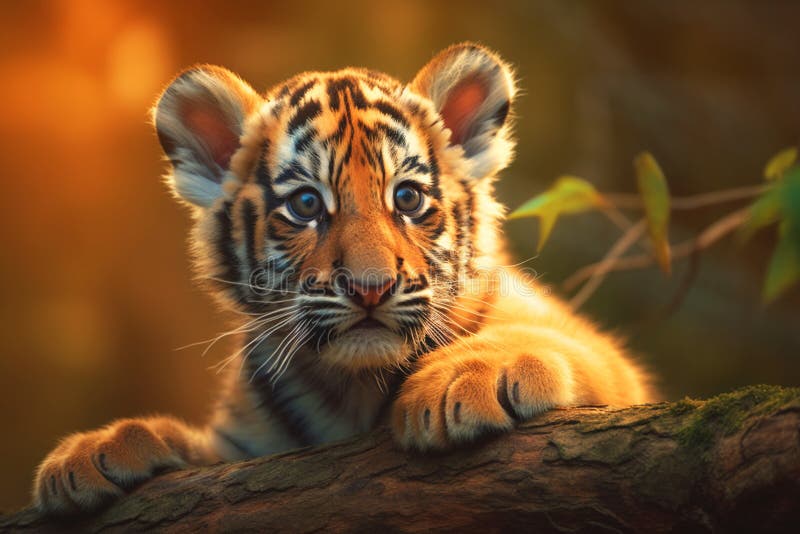 Cute Tiger Cub in Jungle on Tree Branch Stock Illustration ...