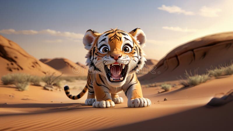 Cute Tiger Cub Roaring in the Desert. Stock Illustration - Illustration ...