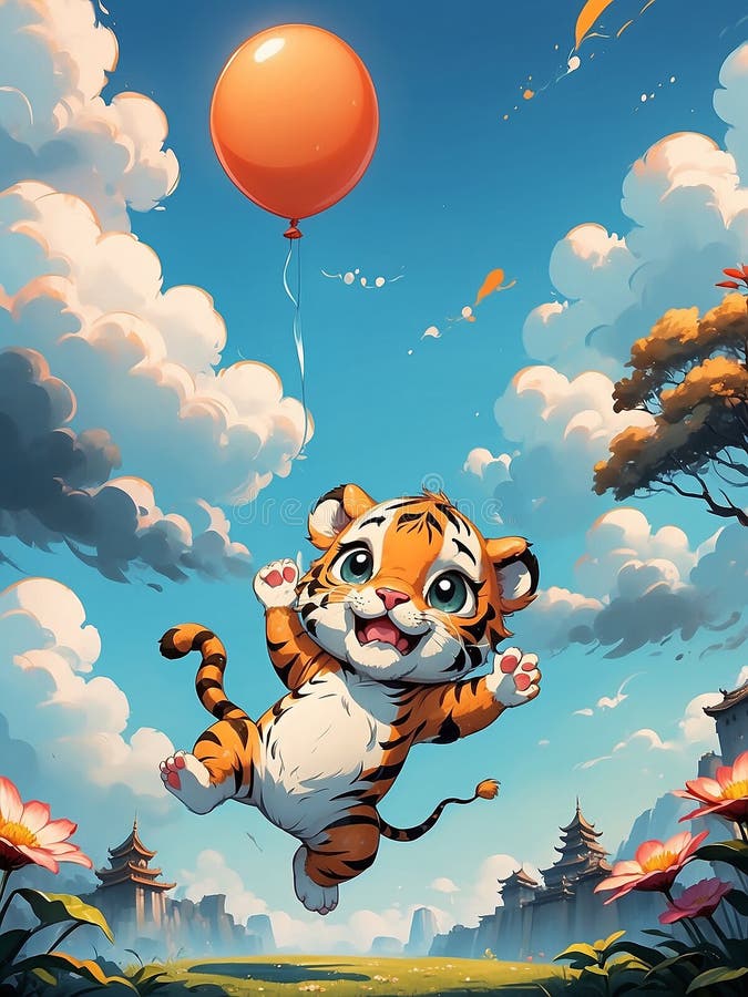 A Cute Tiger Leaps for a Balloon. Stock Illustration - Illustration of ...