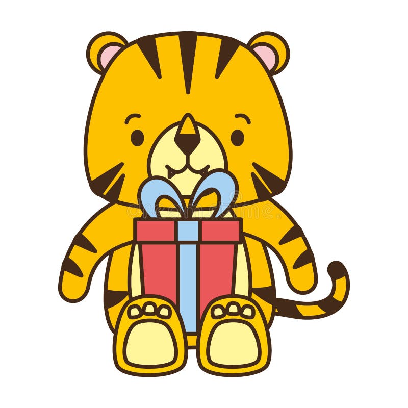 Tiger with Gift Box Cartoon Outline Black White Cute Character. Vector ...