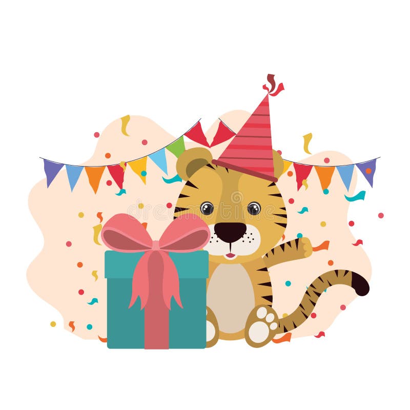 Tiger with Gift Box Cartoon Outline Red Cute Character. Vector Isolated ...