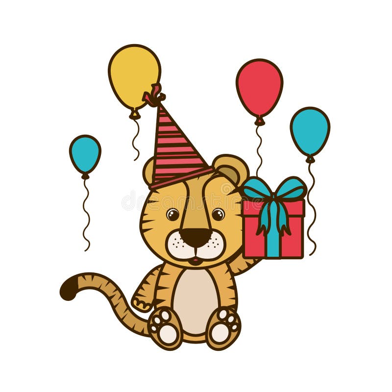 Tiger with Gift Box Cartoon Outline Red Cute Character. Vector Isolated ...