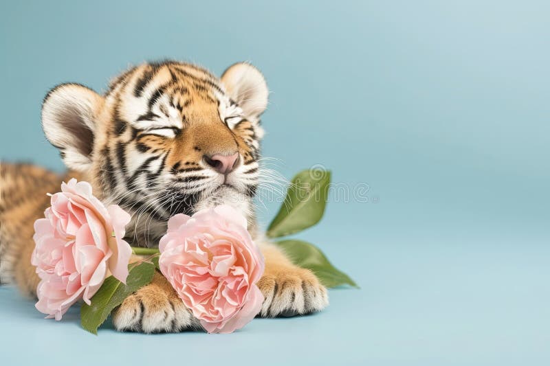 A Cute Tiger Holding Roses on Bright Blue Background Stock Illustration ...