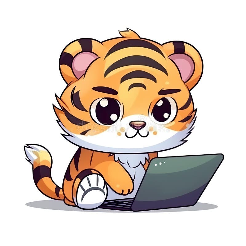 Cute Tiger with Laptop Computer Cartoon Chibi Style, AI Generative ...