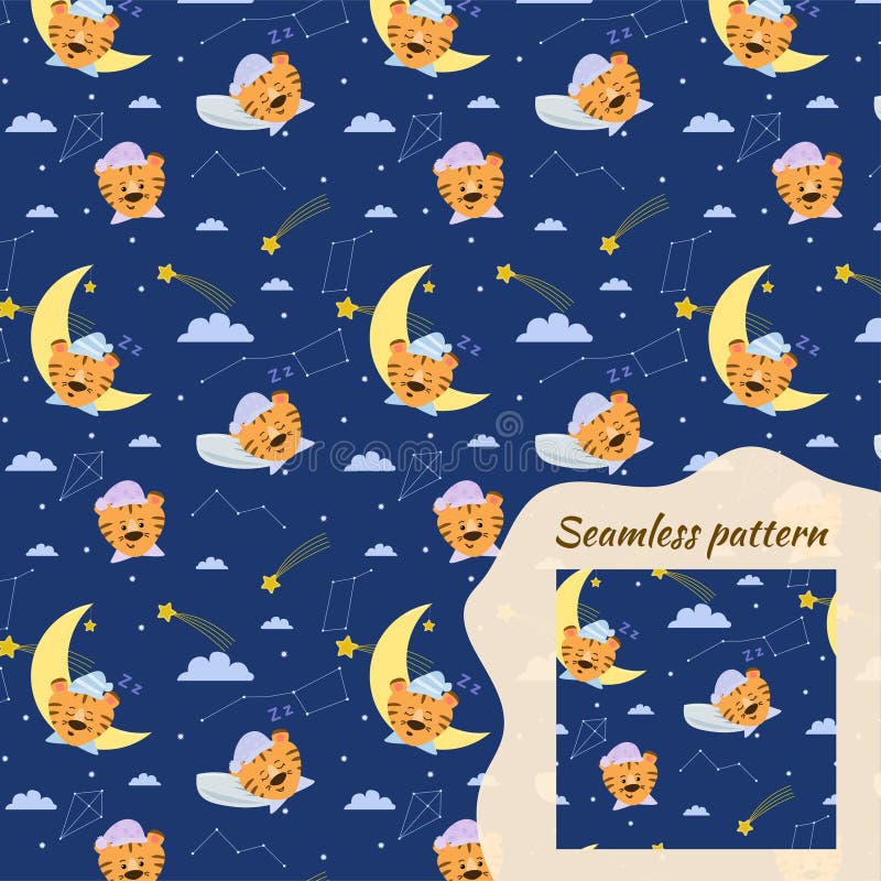 Cute Tiger Night. Animal Seamless Pattern. Illustration for Printable ...