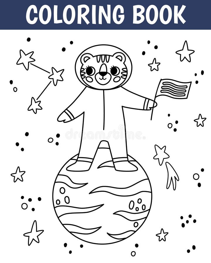 Cute Tiger in Open Space Coloring Page. Animal Astronaut in Space Suits ...