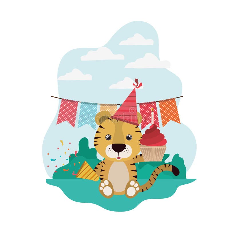 Cute tiger with party hat stock vector. Illustration of garland - 153999143