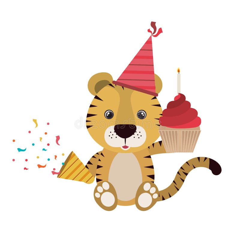 Tiger With A Party Popper, Cute Cartoon Animal Character, Design ...