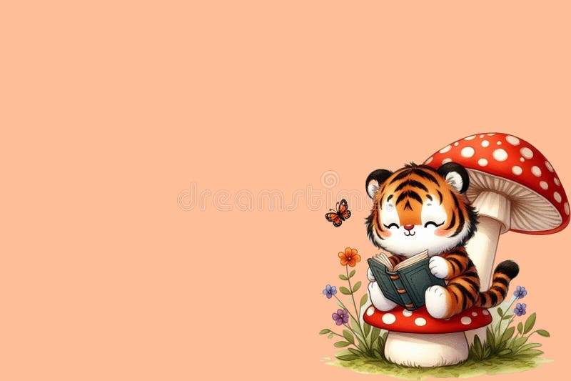 Cute Tiger Reading a Book Peach Fuzz Color Background Stock ...