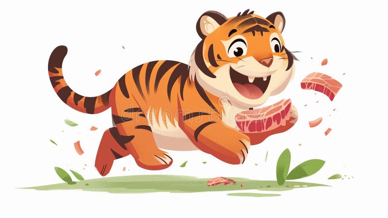 Cute Tiger Running and Holding Steak Meat. Generative Ai Stock ...