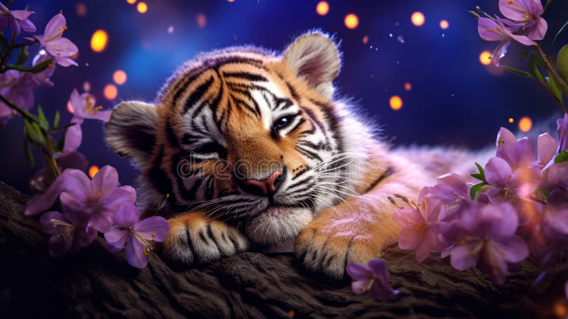 Cute Tiger Sleeping Peacefully on Flowers Garden Generative AI Stock ...