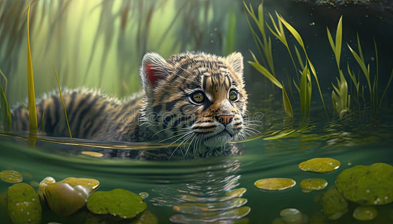 Cute Tiger Swim in Swamp Illustration by Generative AI Stock Photo ...