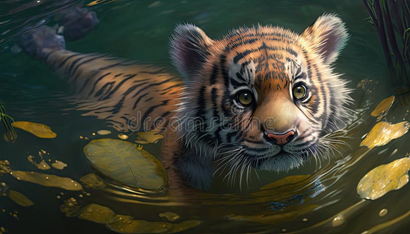 Cute Tiger Swim in Swamp Illustration by Generative AI Stock Image ...