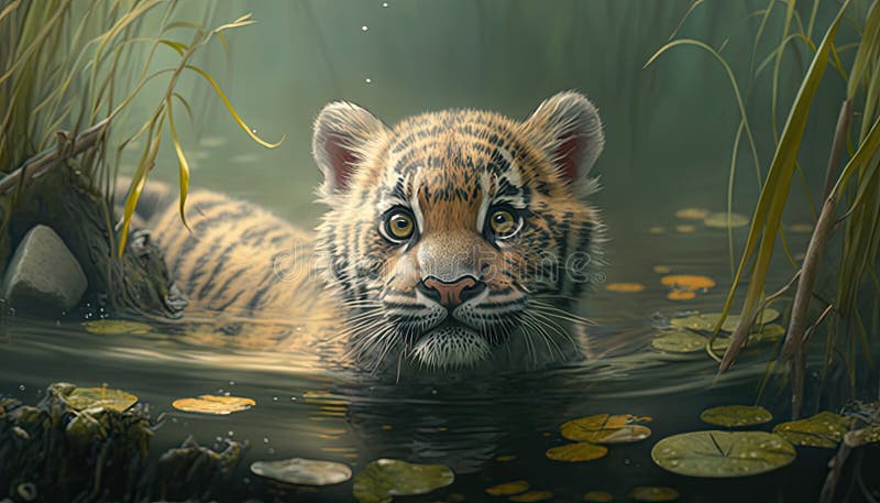 Cute Tiger Swim in Swamp Illustration by Generative AI Stock Image ...