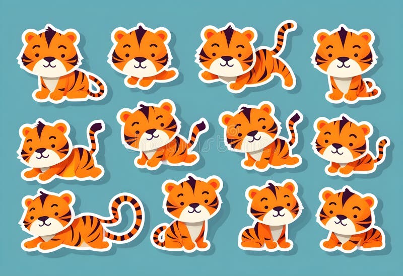 Cute Tigers Sticker Set Ideal for Print Stock Illustration ...
