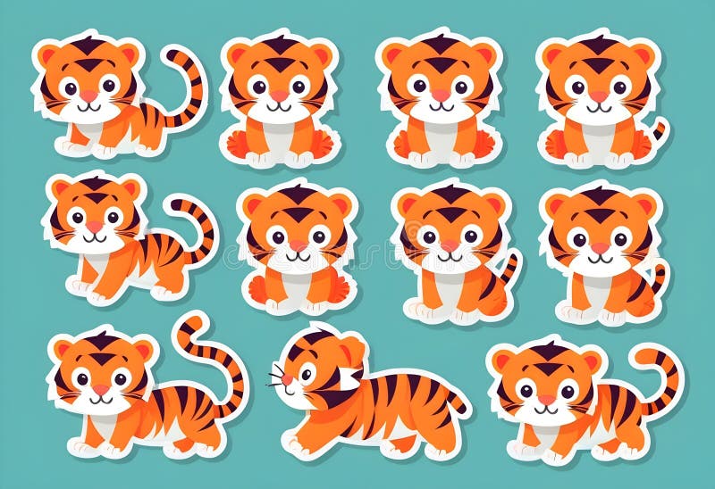 Cute Tigers Sticker Set Ideal for Print Stock Illustration ...