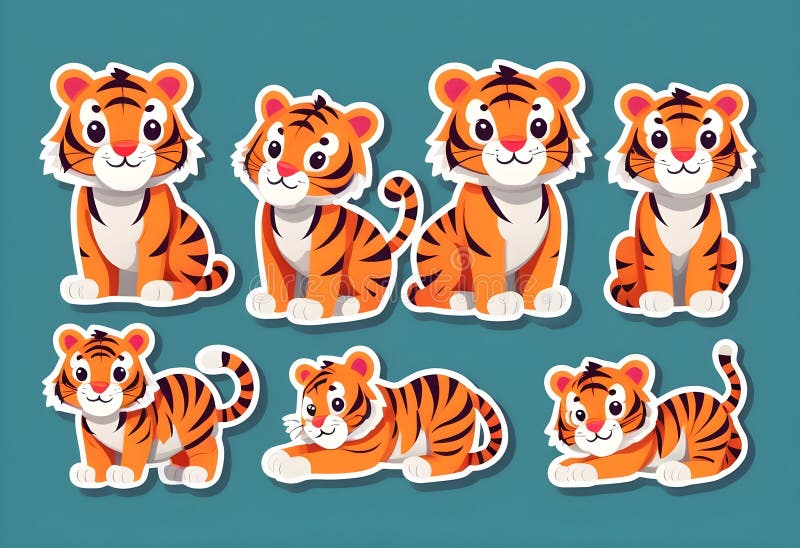 Cute Tigers Sticker Set Ideal for Print Stock Illustration ...