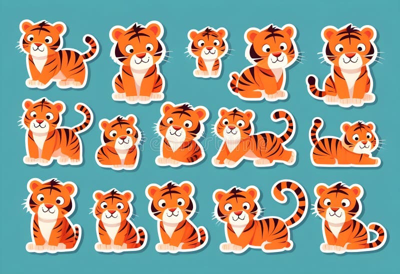 Cute Tigers Sticker Set Ideal for Print Stock Illustration ...