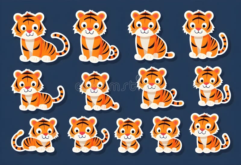 Cute Tigers Sticker Set Ideal for Print Stock Illustration ...