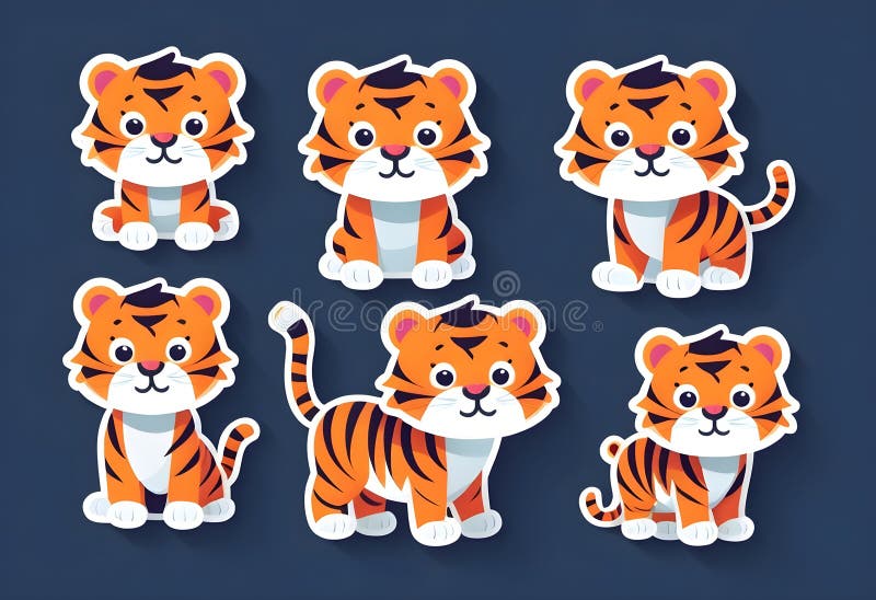 Cute Tigers Sticker Set Ideal for Print Stock Illustration ...