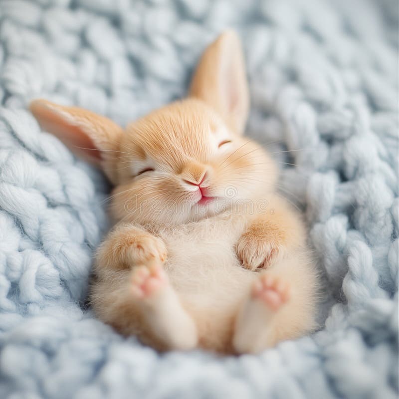 Cute Tiny Baby Bunny is Lying Down Belly Up on Light Blue Knitted ...