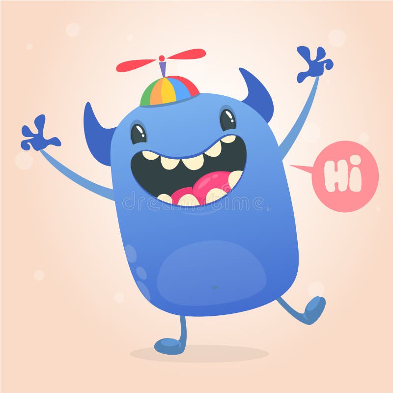 Cute Tiny Blue Monster in Kid`s Hat with Propeller Dancing. Vector ...