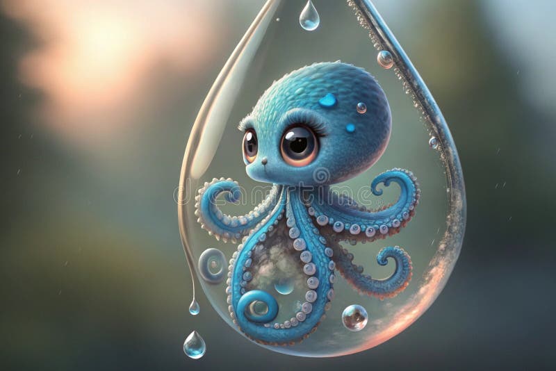 A Cute Tiny Blue Octopus Inside a Perfectly Formed Drop of Water, Hyper ...