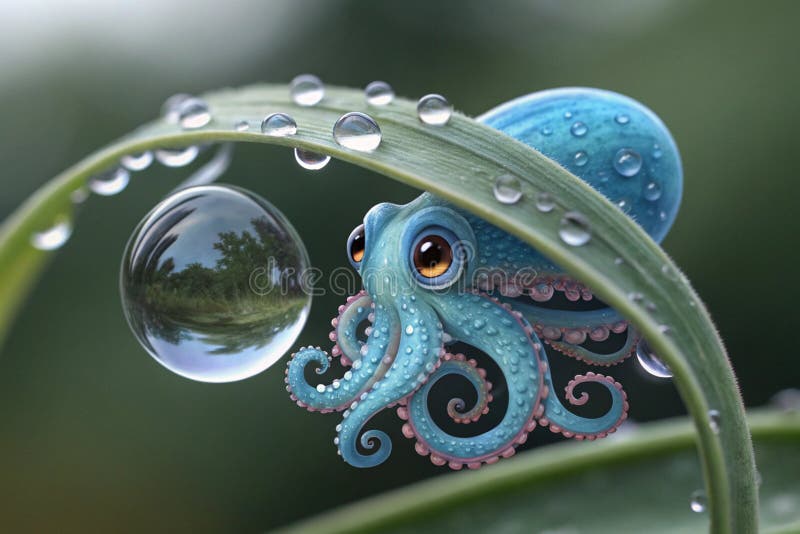 A Cute Tiny Blue Octopus Inside a Perfectly Formed Drop of Water, Hyper ...