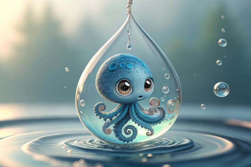 A Cute Tiny Blue Octopus Inside a Perfectly Formed Drop of Water, Hyper ...