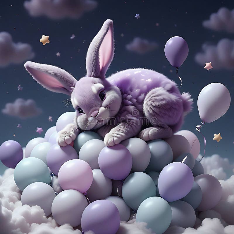 Cute Tiny Gray Bunny on Balloons Above Clouds Purple Bg Stock ...