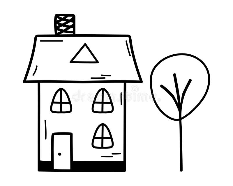 Cute Tiny House with Tree in Doodle Style. Sweet Home Stock Vector ...