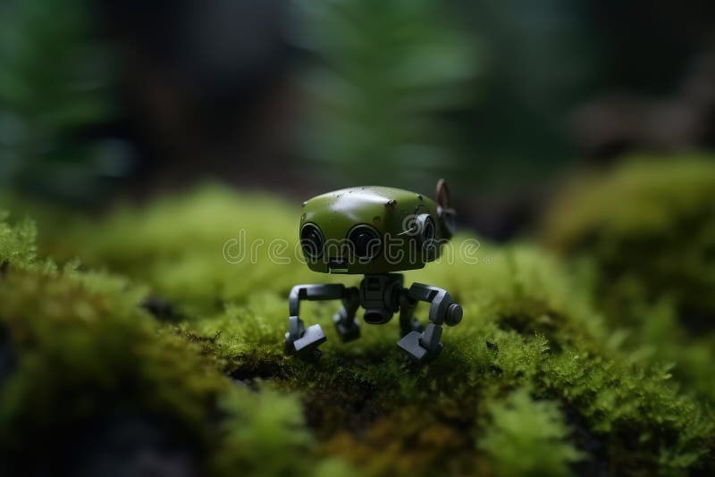 A Cute Tiny Modern Robot is Strolling through the Woods, AI Stock ...