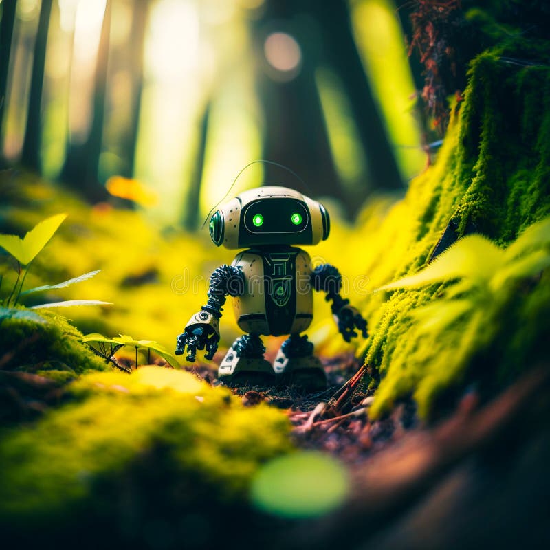 A Cute Tiny Modern Robot is Walking through the Forest, Generative AI ...