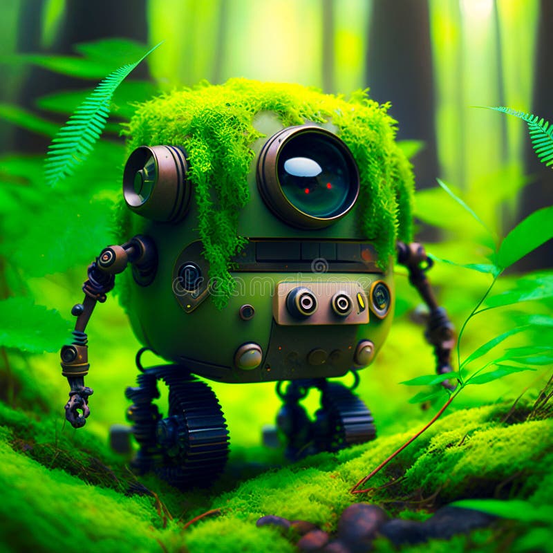 A Cute Tiny Modern Robot is Walking through the Forest, Generative AI ...