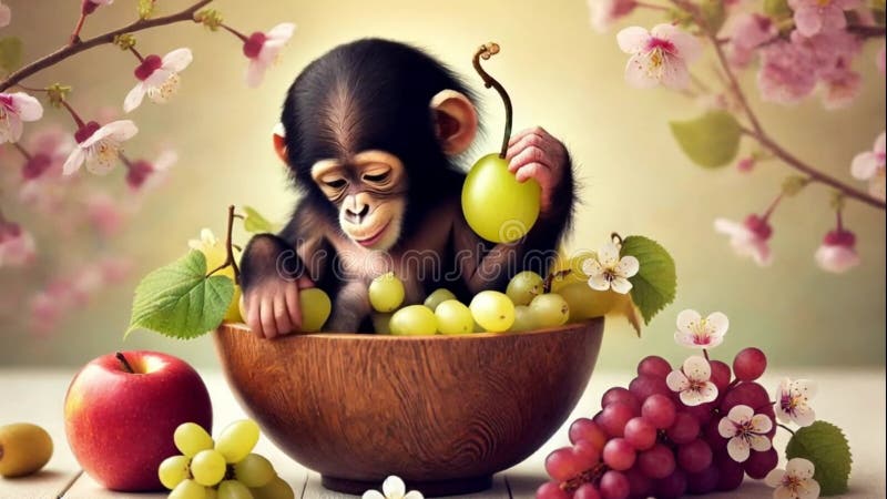 A Cute Tiny Monkey Inside a Bowl Surrounded by Grape Berries Stock ...