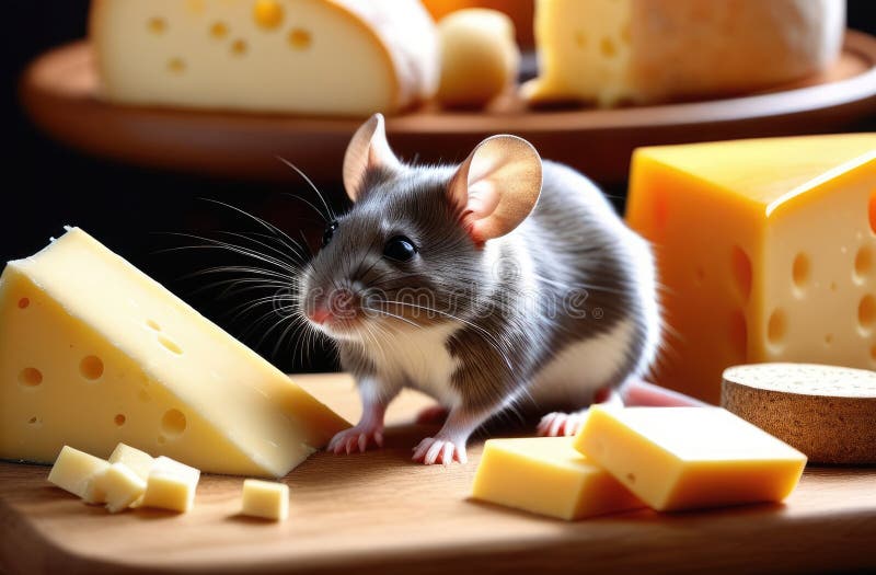 Cute Tiny Mouse Eating Cheese on Table, Close Up Stock Illustration ...