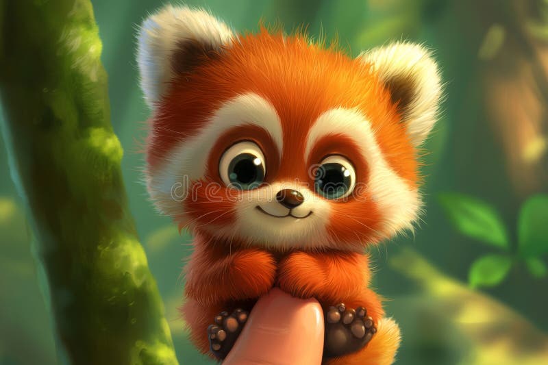 Cute. a Tiny Red Panda Cub Rests on a Human Finger, Against a Blurred ...