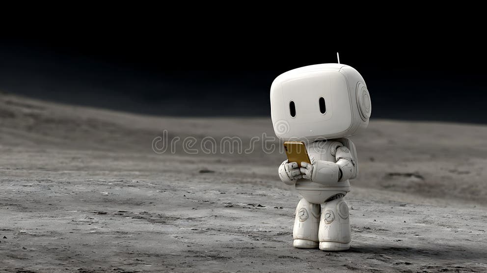 Cute Tiny Robot in Space on the Moon Using Smartphone. Chatbot Technology, Isometric. Technology ...
